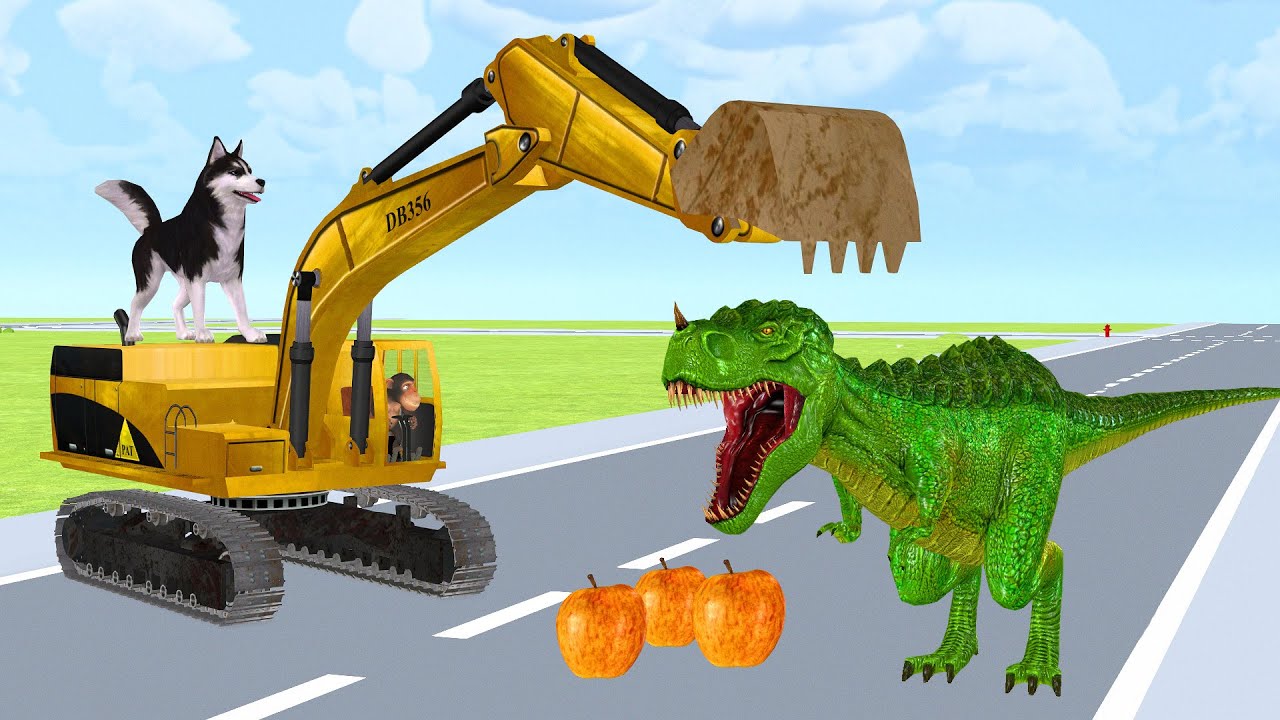 Husky drives excavator, Race with T-rex, Prize is an apple~Kids cartoon ...