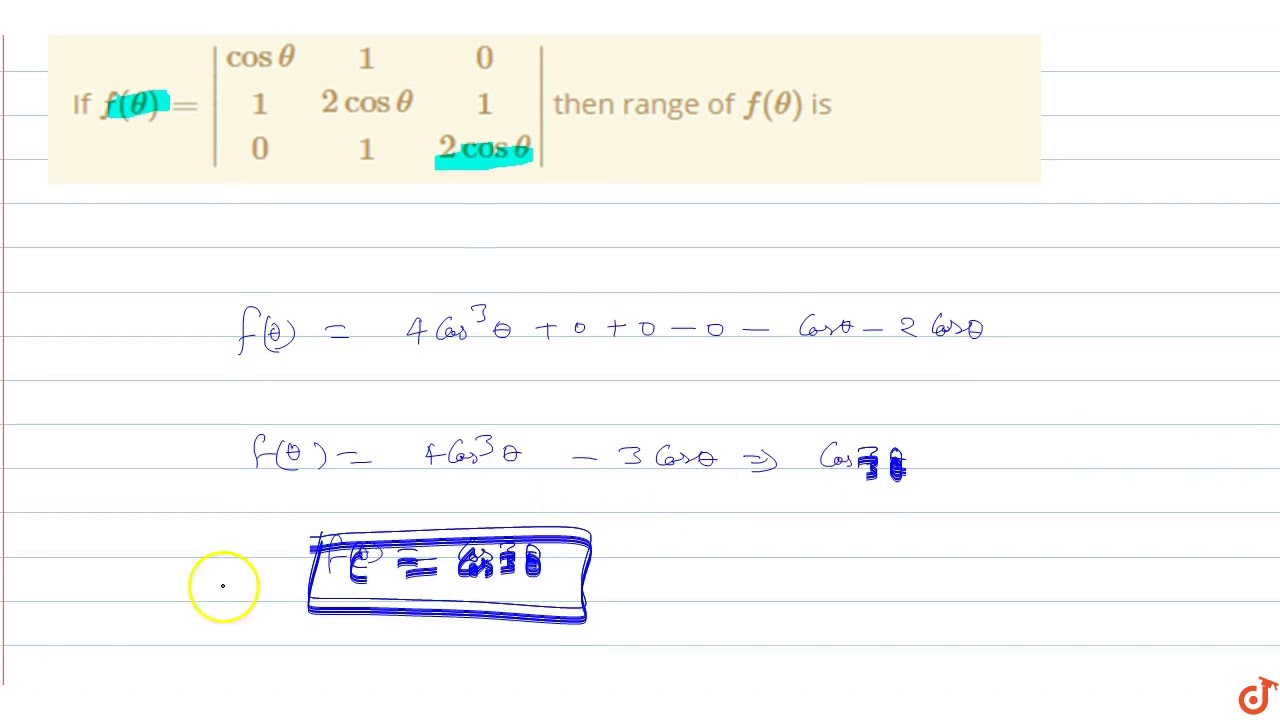 If `f(theta)=|(cos theta,1,0),(1,2cos theta,1),(0,1,2cos theta)|` then ...