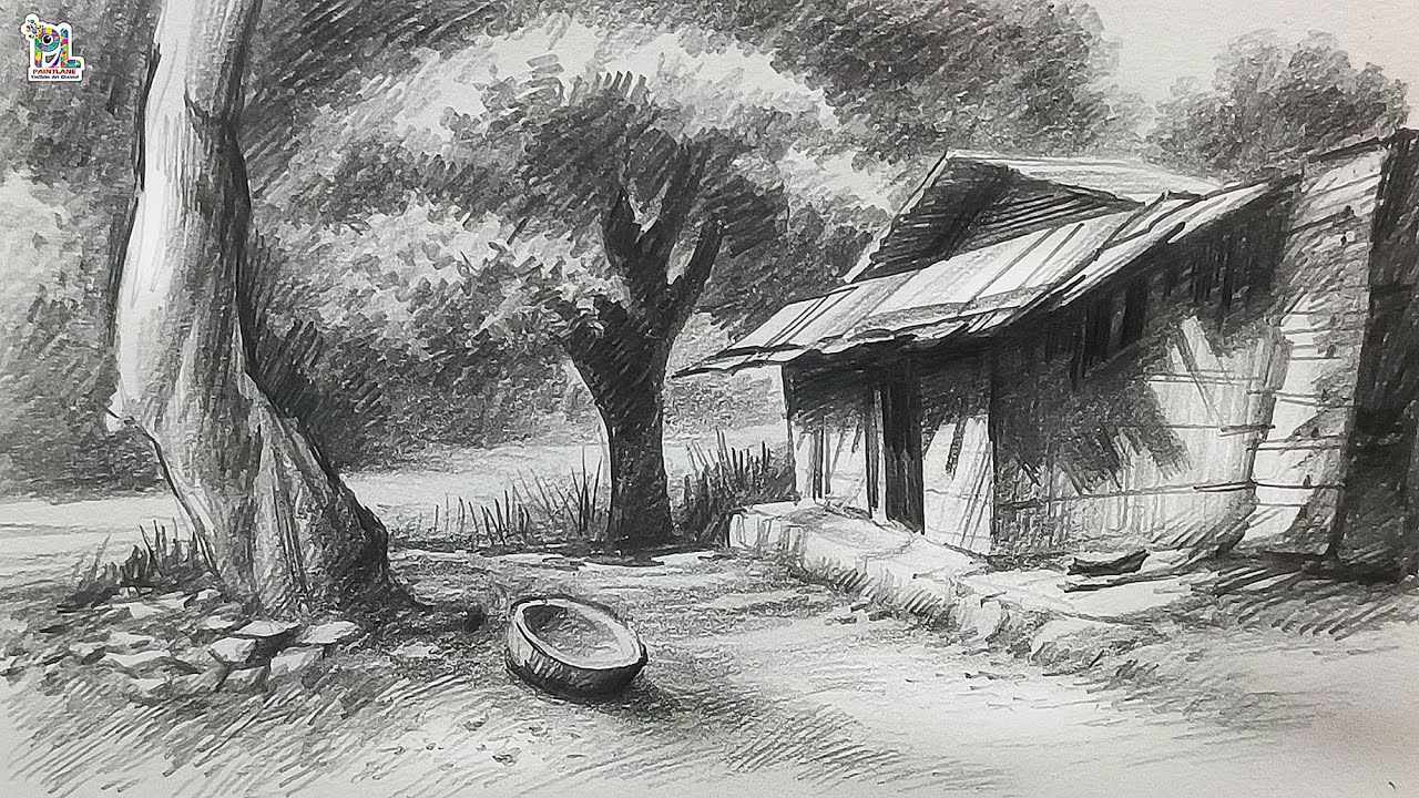 How to draw Road side Hut and Tree with pencil - YouTube