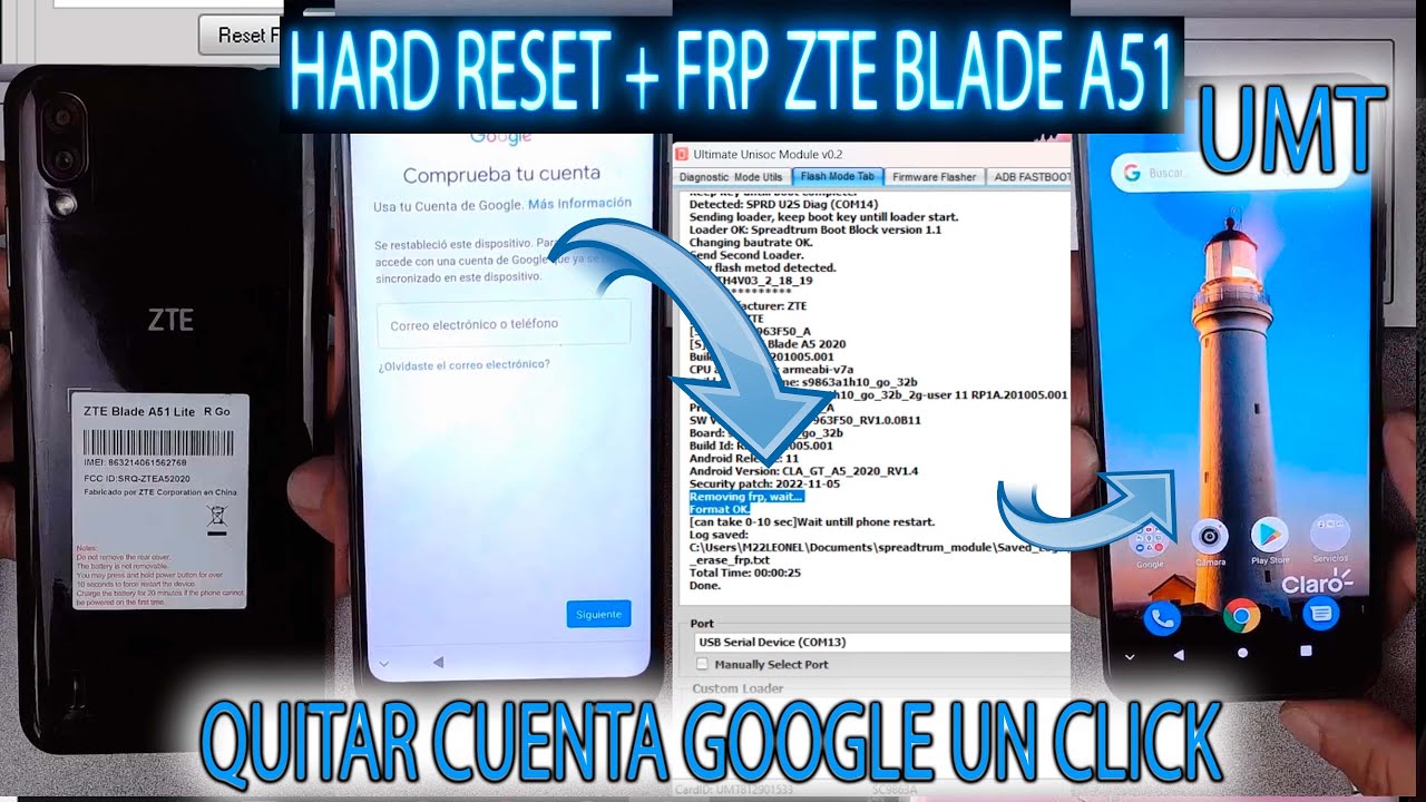 FRP QUITAR CUENTA GOOGLE ZTE BLADE A51 A5 2020 MAS HARD RESET CON UMT ...