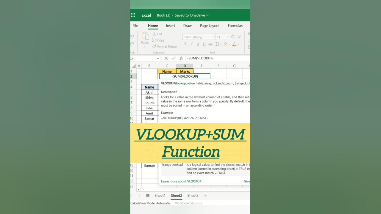 Vlookup Sum Function In Excel Exceltricks Excel Exceltutorial