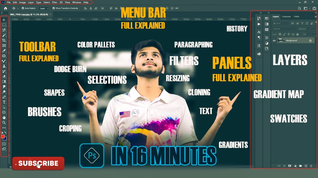 Learn Photoshop in 16 minutes | ToolBar, Menubar, Pannels, and ...