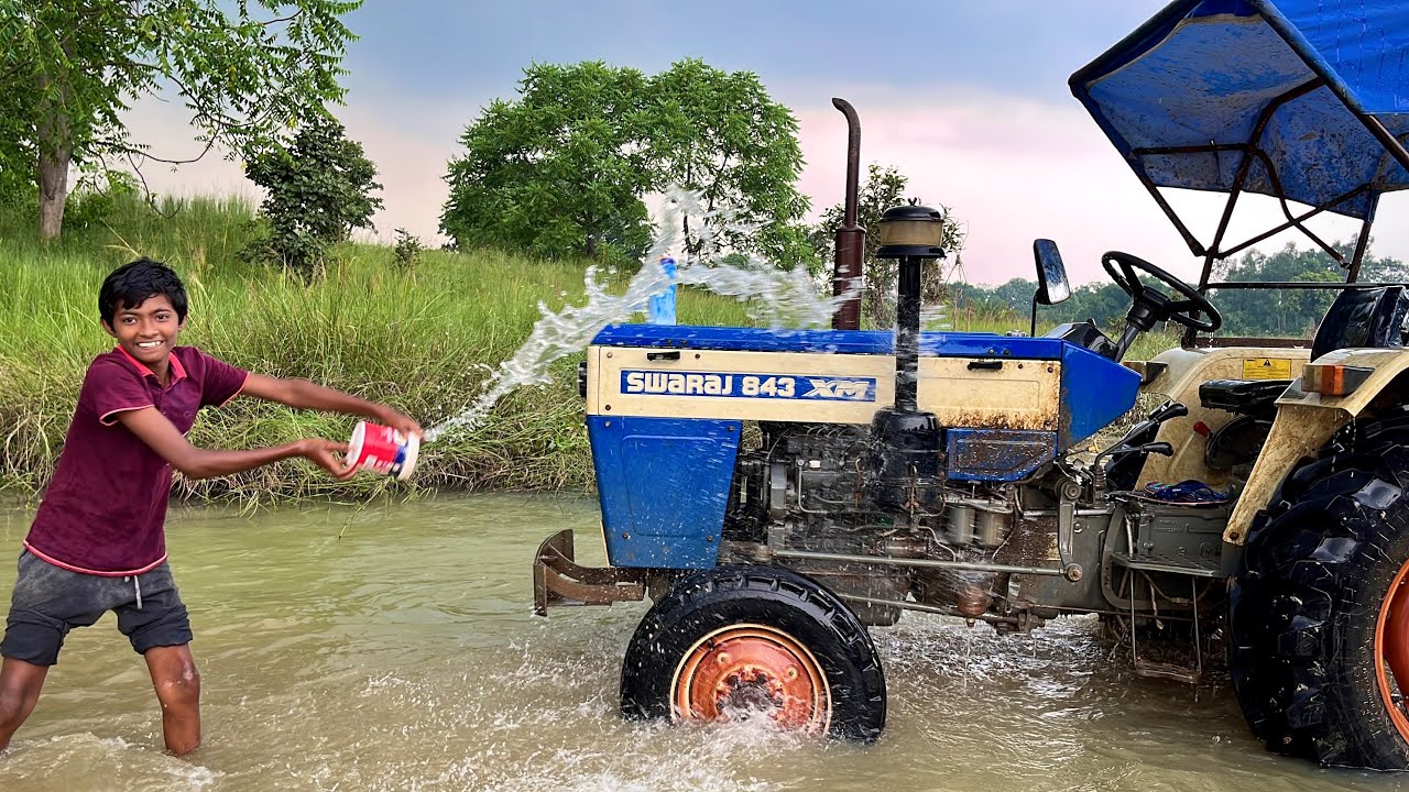 Tractor washing in river with rotavator | Swaraj 843xm tractor washing ...