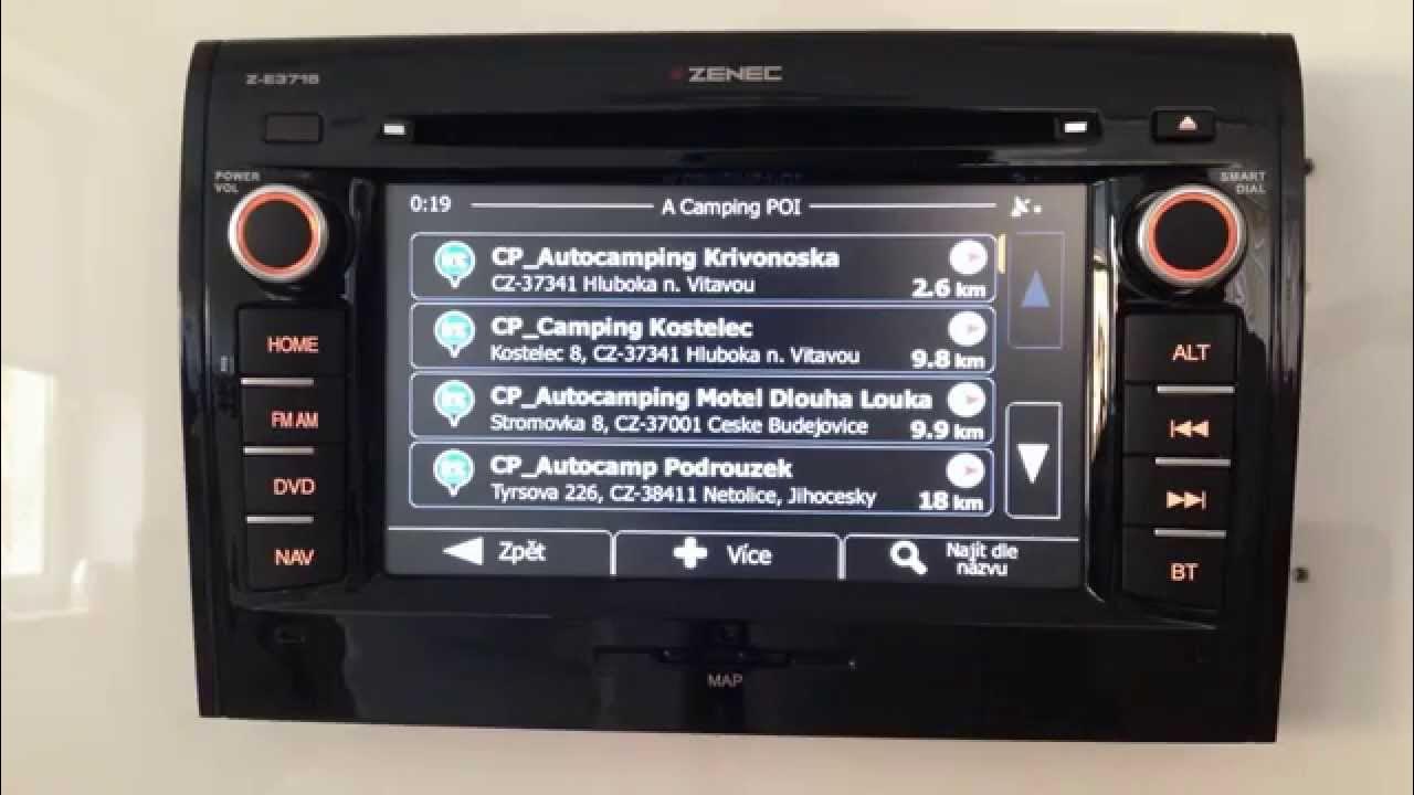 ZENEC Z-E3715 - představení databáze kempů v navigaci - YouTube