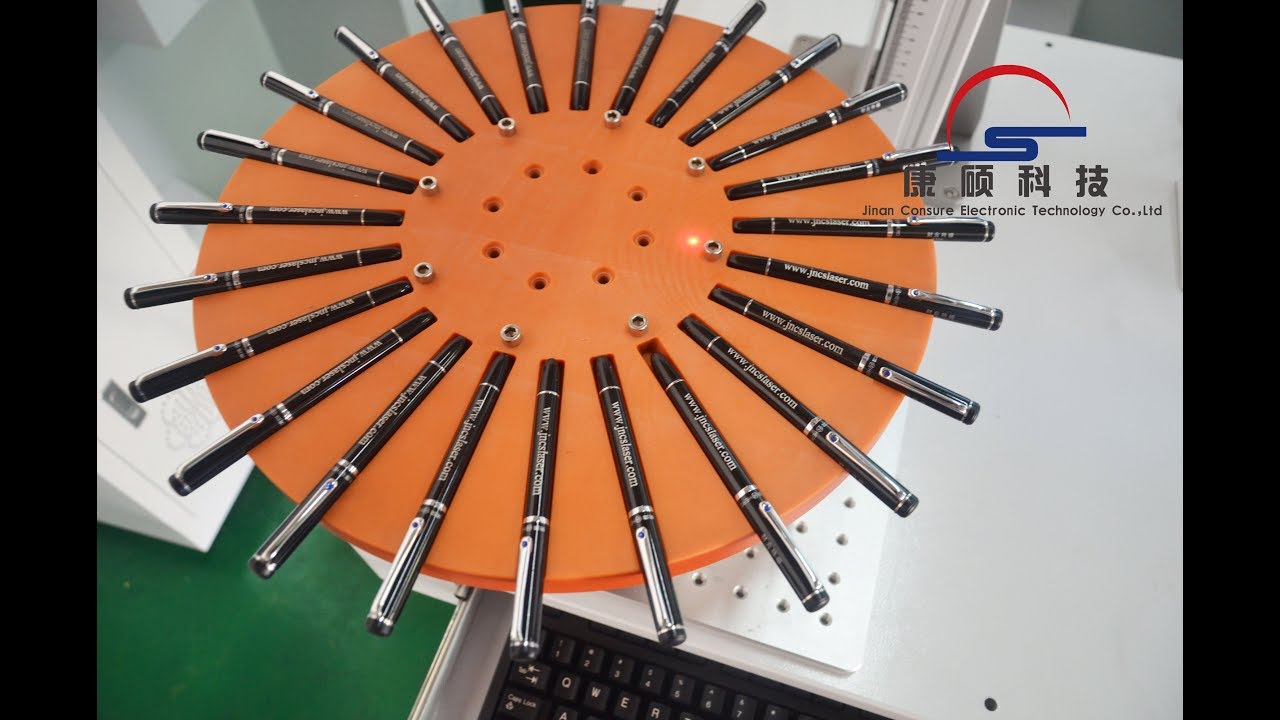 pen fiber laser marking with auto rotary table - YouTube
