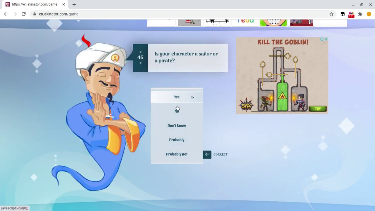 Akinator. FREAKING MAGIC GUY THAT GUESSES EVERYTHING!!!!! - YouTube