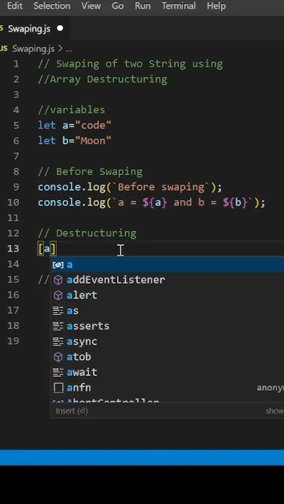 Swaping Of Two Strings Using Array Destructuring Javascript Code Js Programming Shorts