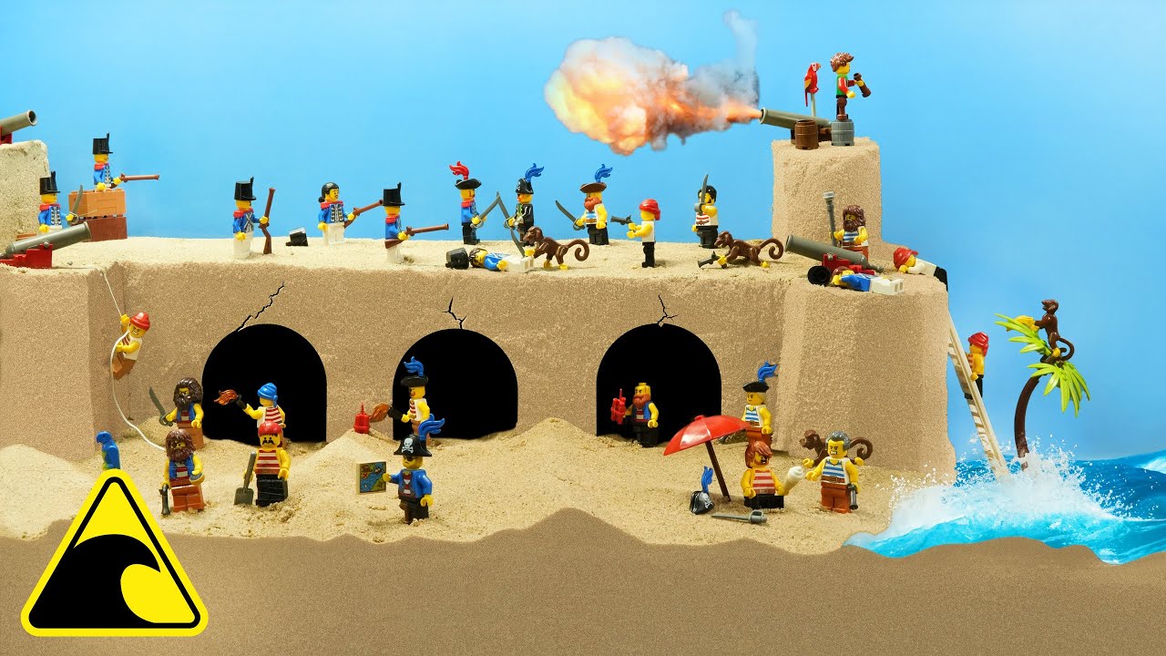 Lego Pirates Fort Hit by Tsunami - Dam Breach Experiment - Wave Machine ...