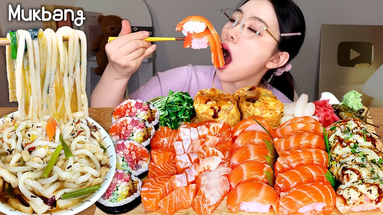 연어 흠뻑쇼 🍣입에서 사르르 녹는 연어초밥 치즈갈릭연어 연어 후토마키 대왕연어유부초밥 연어회👍🏻 Ft 따끈한 우동 ㅣ연어 초밥