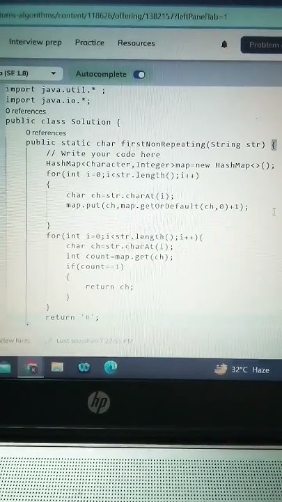 first unique character in a string #java #javaprogramming #coding - YouTube
