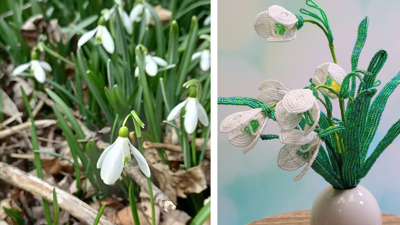 French beaded snowdrops - from real to beaded - YouTube