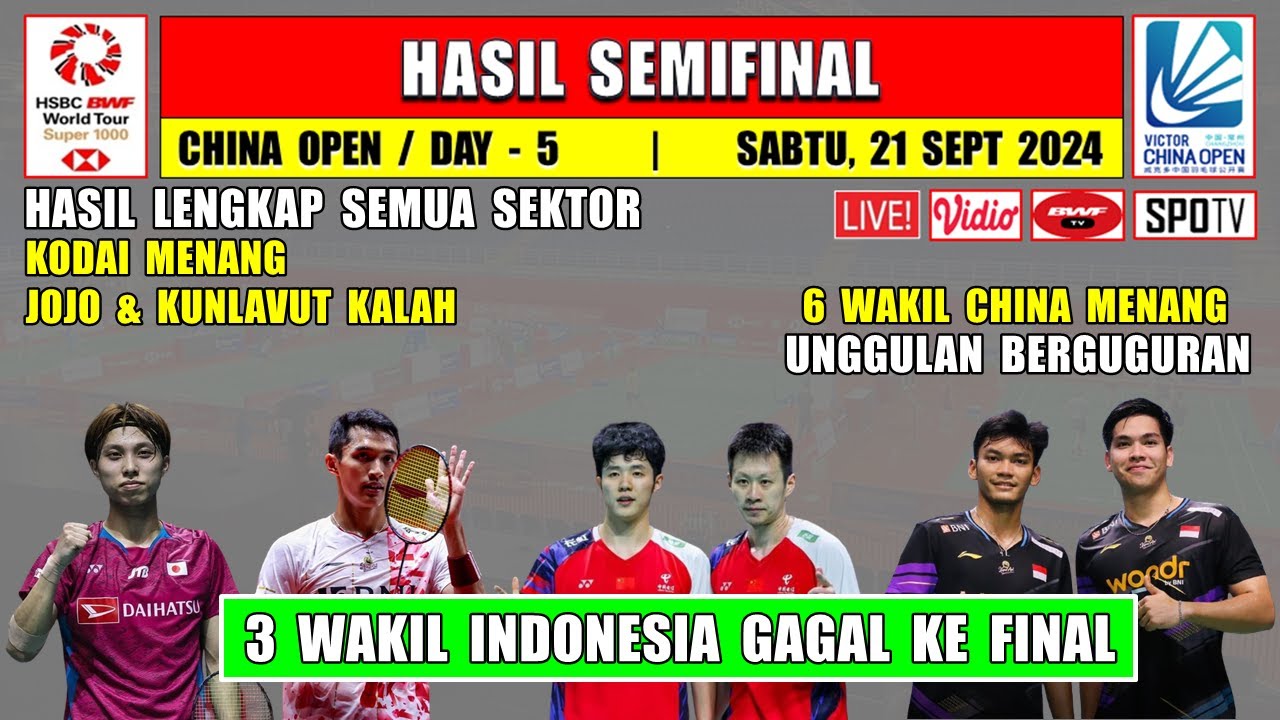 Hasil Lengkap Semifinal China Open 2024 Hari Ini ~ KODAI Menang ~ JOJO & FIKRI/DANIEL Tersingkir ...