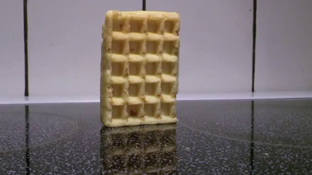 Here's a dramatic slow zoom of a waffle falling over to the sound of ...