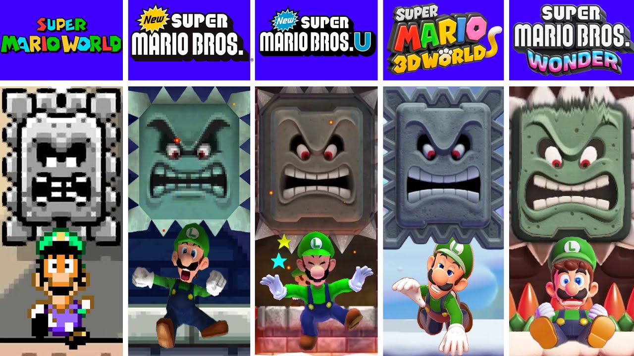 Evolution of Luigi Dying Crushed by Thwomps in Super Mario Games (1988 ...