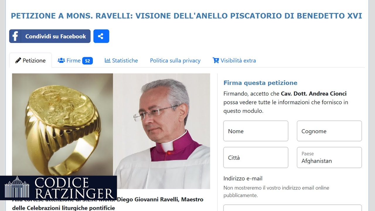 Petizione a Mons. Ravelli: visione dell'ANELLO PISCATORIO di papa ...
