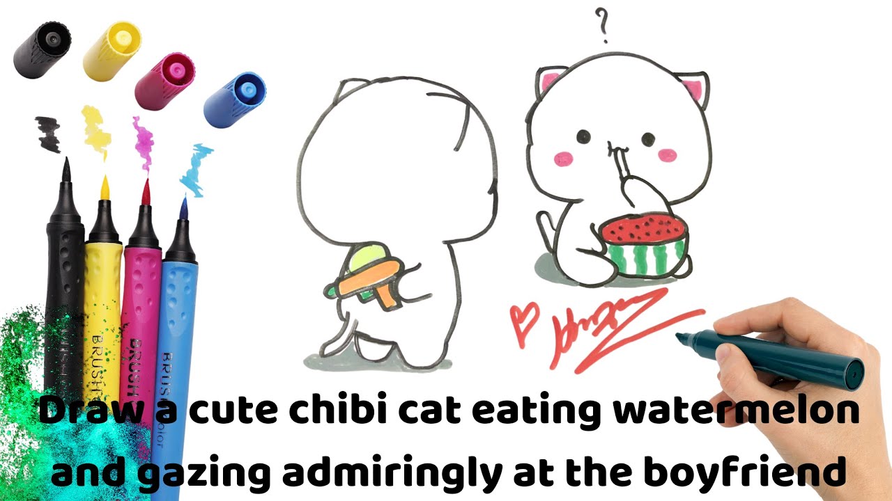 Draw a cute chibi cat eating watermelon and gazing admiringly at the ...