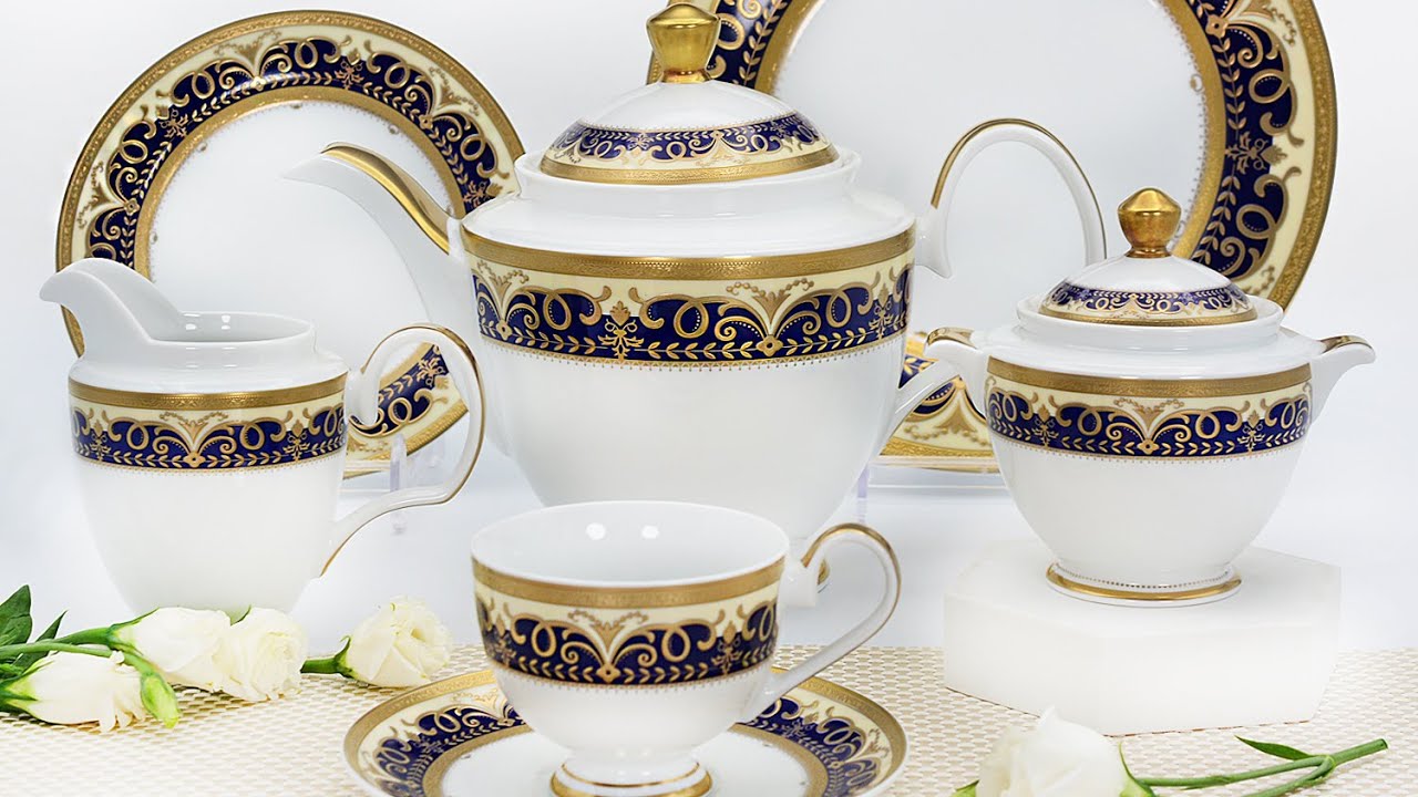 24 pcs royal blue chinaware coffee or tea set - KAROSA - YouTube
