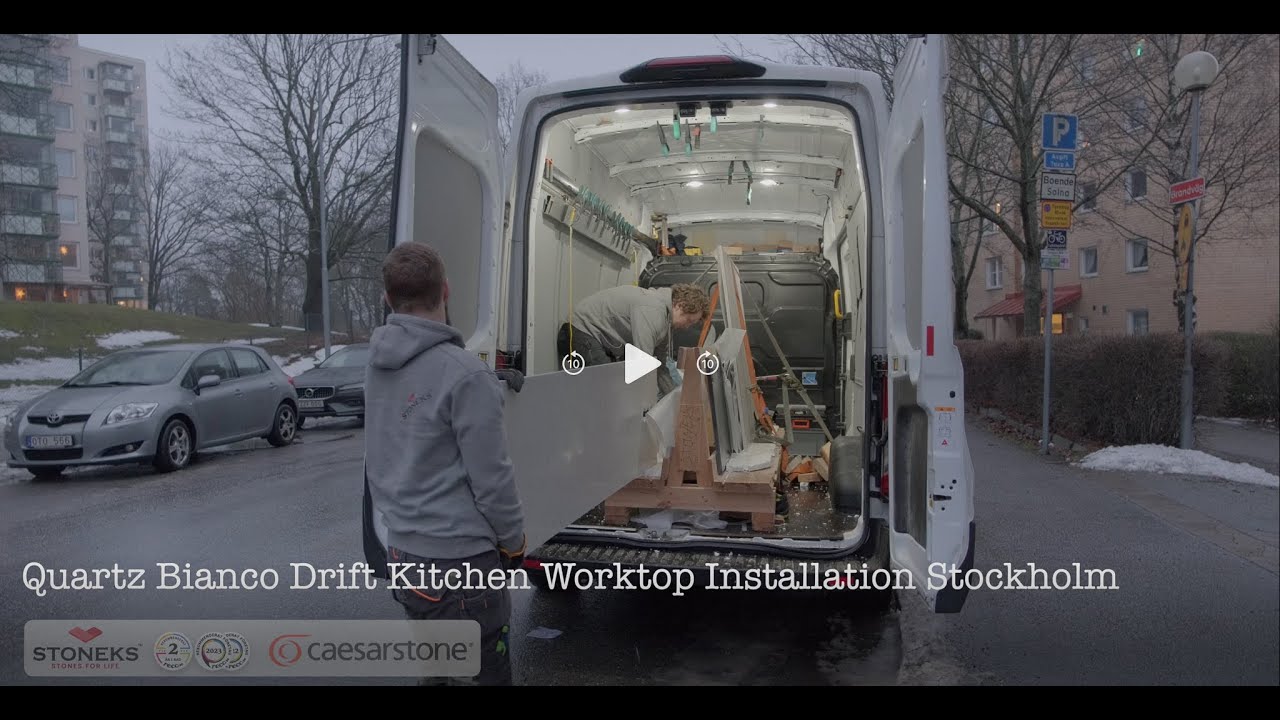Stoneks AB: Bianco Drift kitchen worktop installation in Stockholm - YouTube