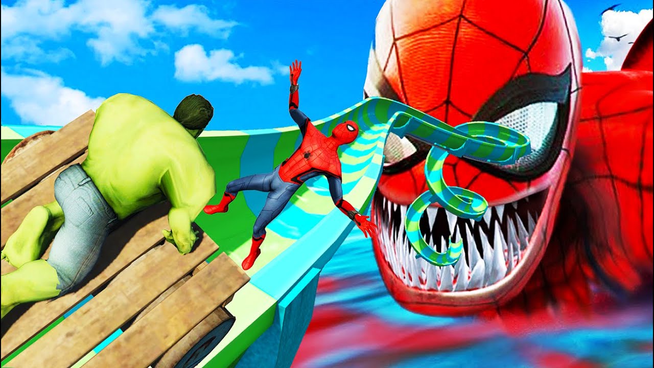 GTA 5 Spider Megalodon Water Slides SPIDERMAN vs HULK Funny Ragdolls ...