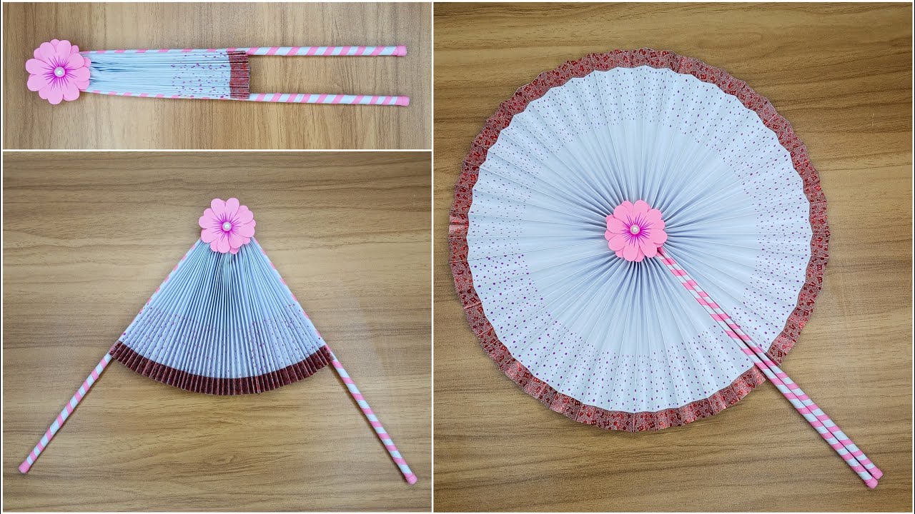 Paper fan || paper fan making || HOW TO MAKE PAPER FLOWER HAND FAN ...