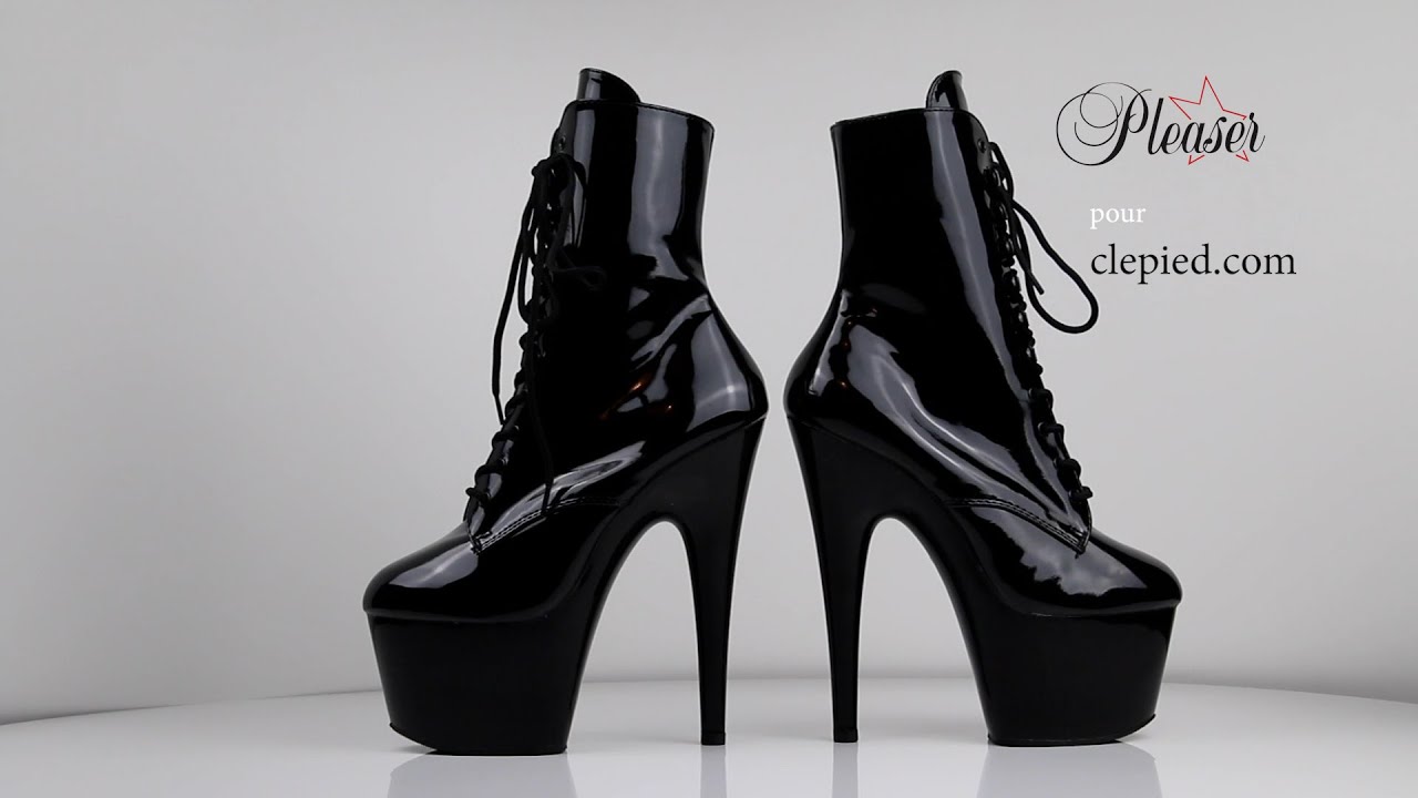 Bottine pole dance noire vernie à haut talon aiguille 18 cm Pleaser ...