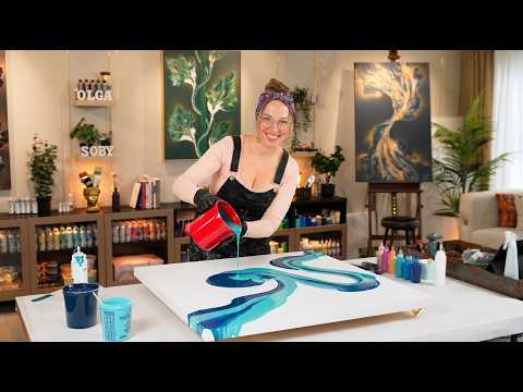 50 Shades of TURQUOISE😱 + Vibrant PINK ~ BIG Canvas & Tree Composition - Acrylic Pouring Fluid Art