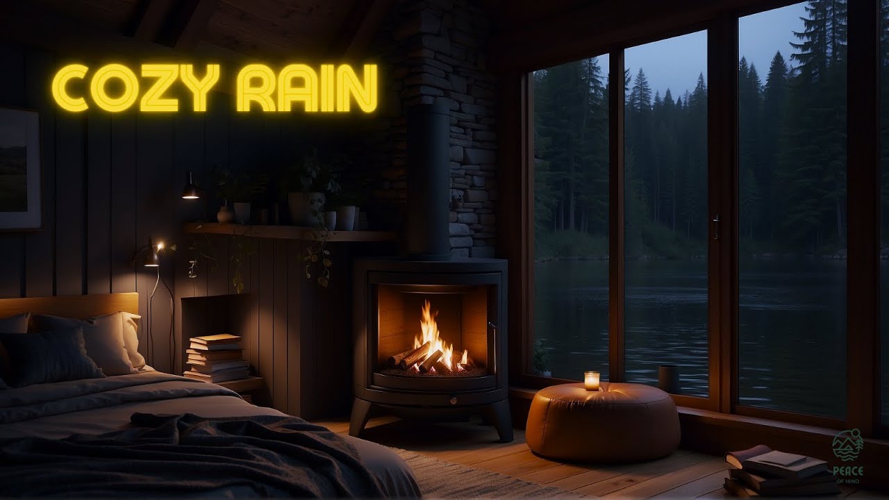 Sleeping Peacefully with Fireplace and Cold Rain Storm in the Forest ...