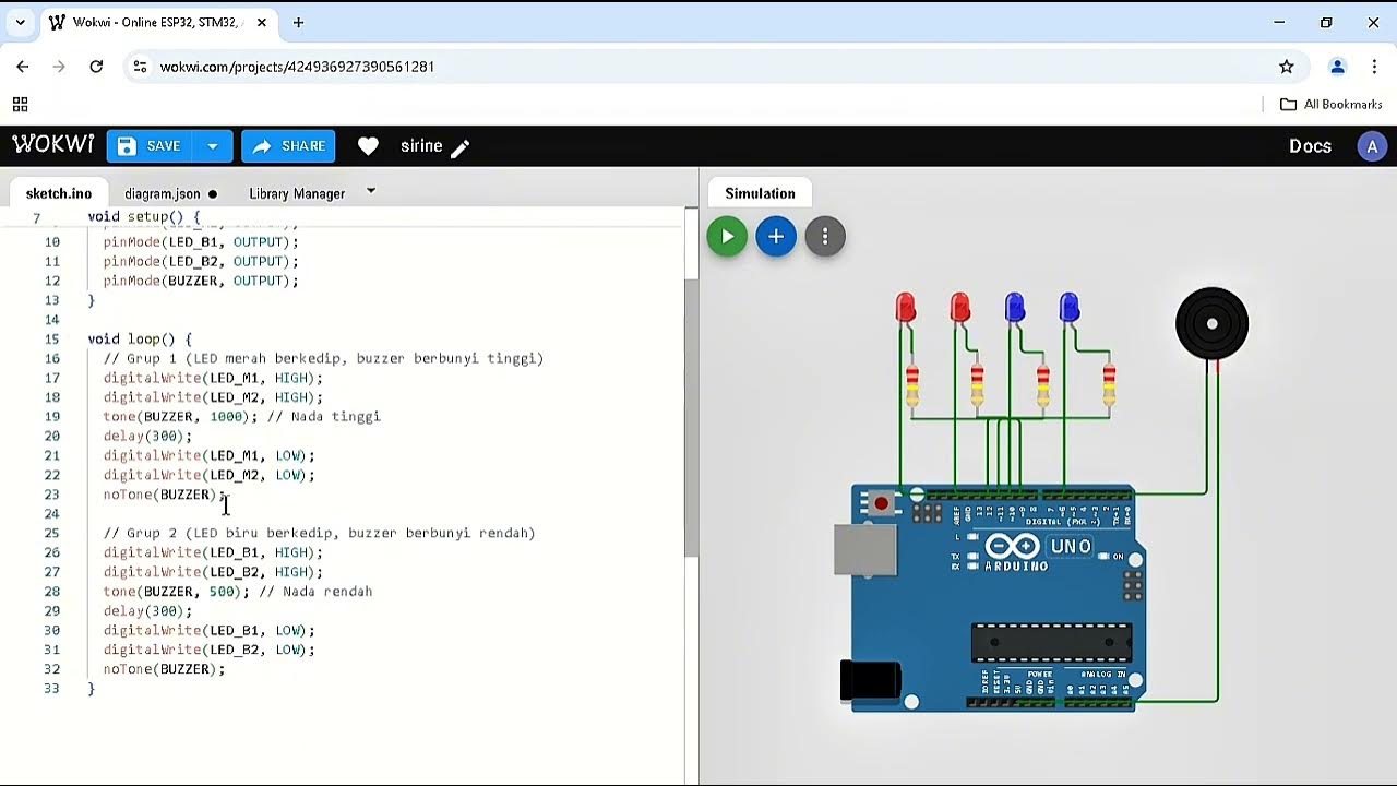 Membuat Simulasi Lampu Sirine dengan Buzzer Di Wokwi Menggunakan Arduino Uno Mudah dan Simple ‼️ ...
