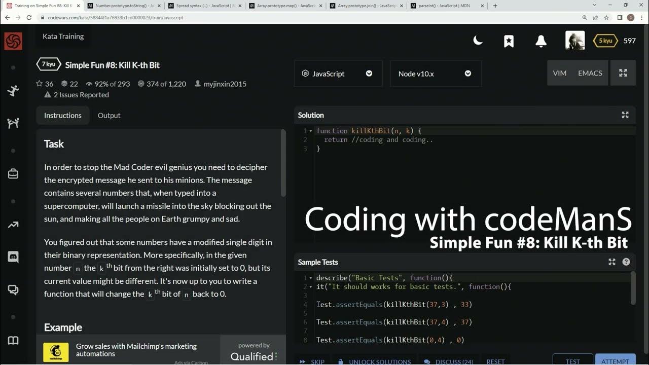 Codewars 7 Kyu Simple Fun 8 Kill K Th Bit Javascript Youtube