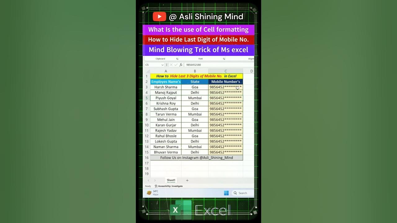 How to Hide Last 3 Digits of Mobile Number🤯👨‍💻💥Cell Formatting in Excel 😍 #shorts #excel # ...