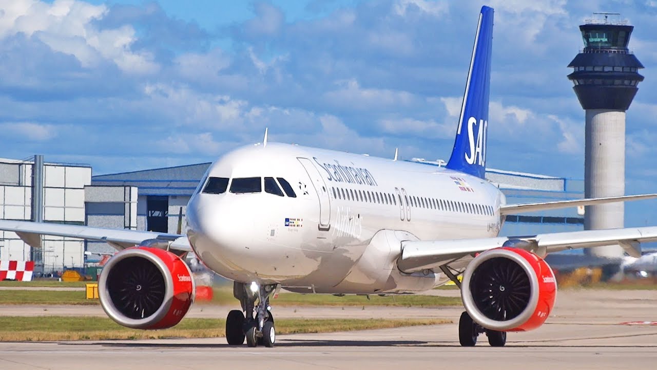 SAS Airbus A320NEO Close Up Take Off at Manchester Airport - YouTube