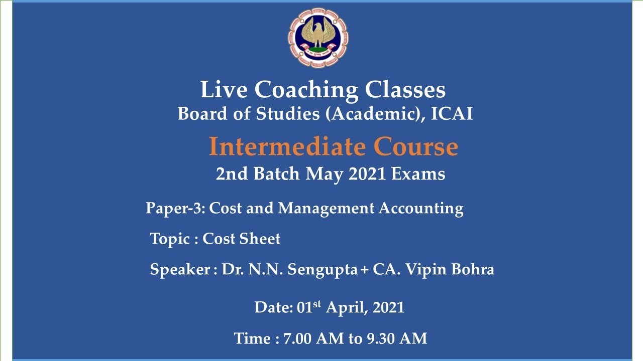 Intermediate Paper 3 CMA Topic Cost Sheet Morning Session Date 01 Intermediate Paper 3 CMA Topic Cost Sheet Morning Session Date 01