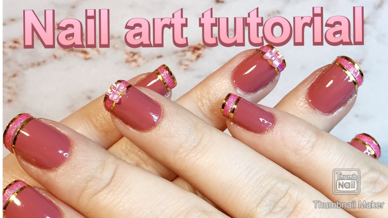Pink French tip with encapsulated striping tape nail art - YouTube