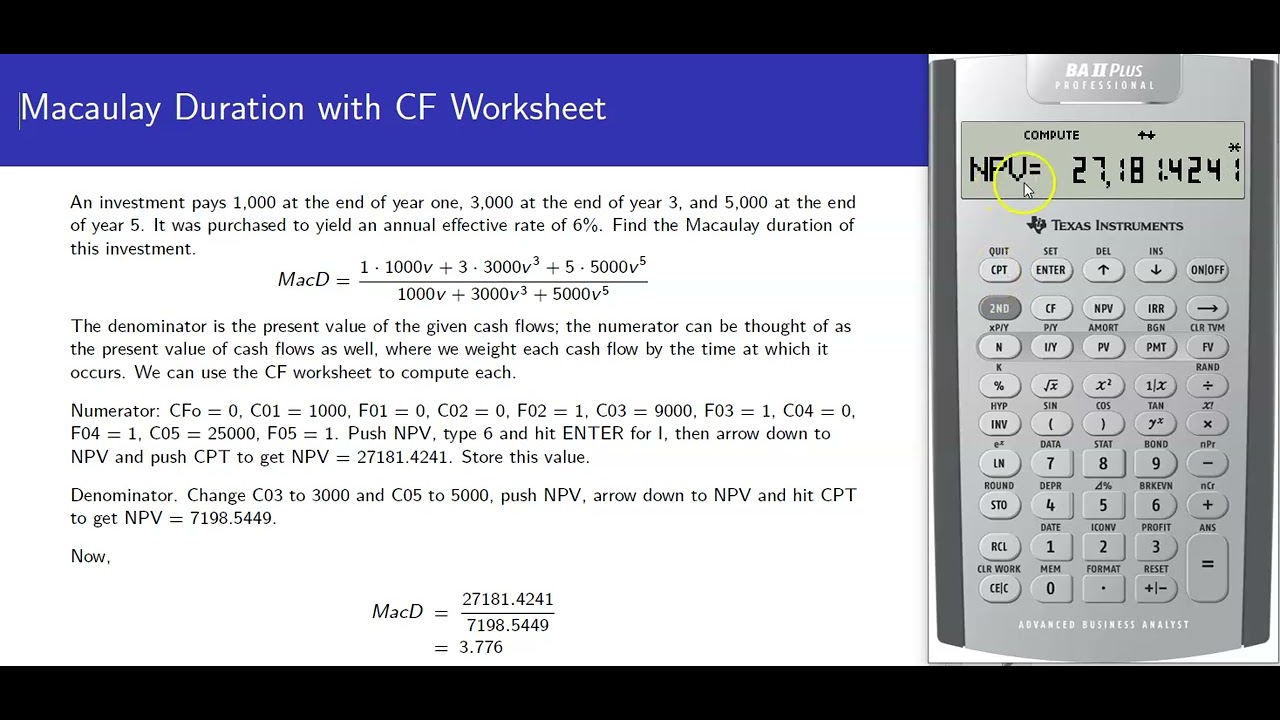 Macaulay Duration with the Cash Flow Worksheet - YouTube