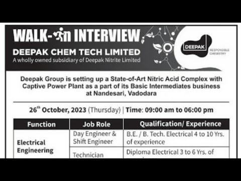 Deepak ChemTech Limited | Walk-in Interview | Multiple Department ...