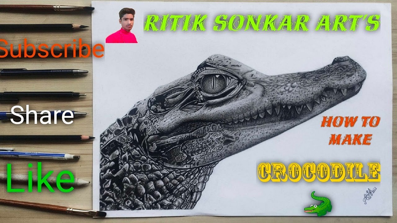 Drawing a Crocodile Sketch ,only use with charcoal pencils # How to ...