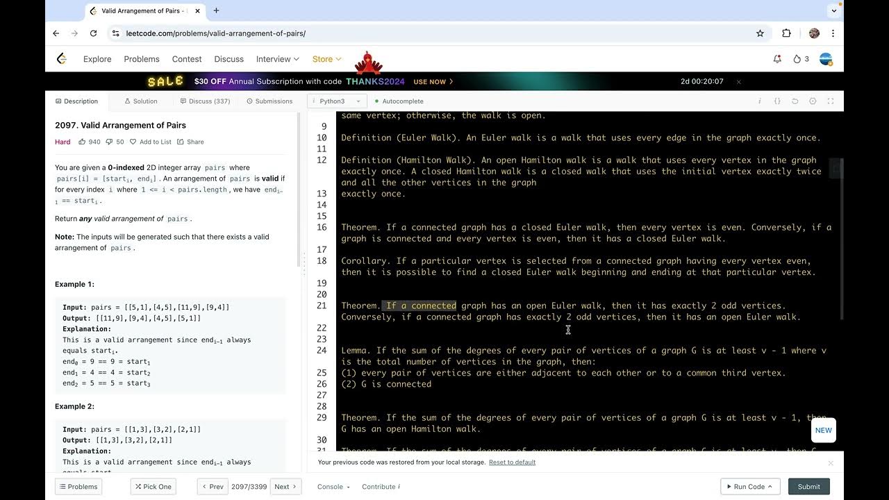 leetcode 2097 Valid Arrangement of Pairs | Hierholzer's algorithm - YouTube