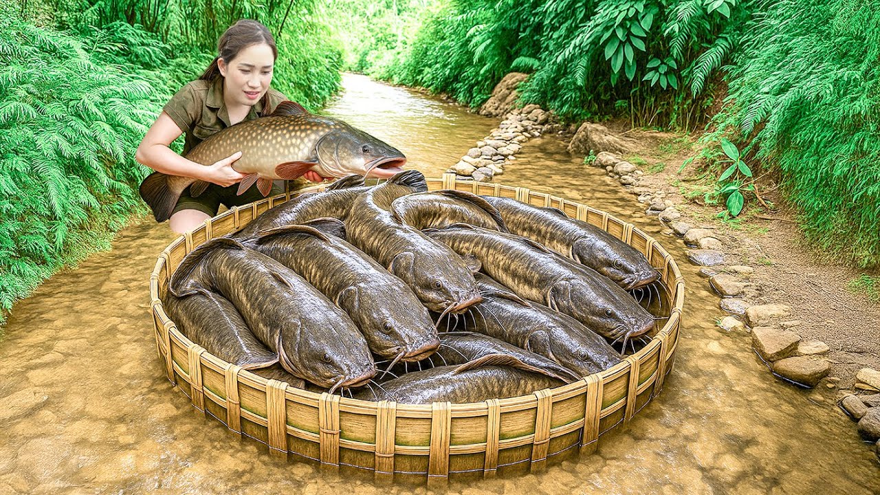 Woman Catches Incredible 500kg of Ancient Fish - Ancient Fishing Method ...
