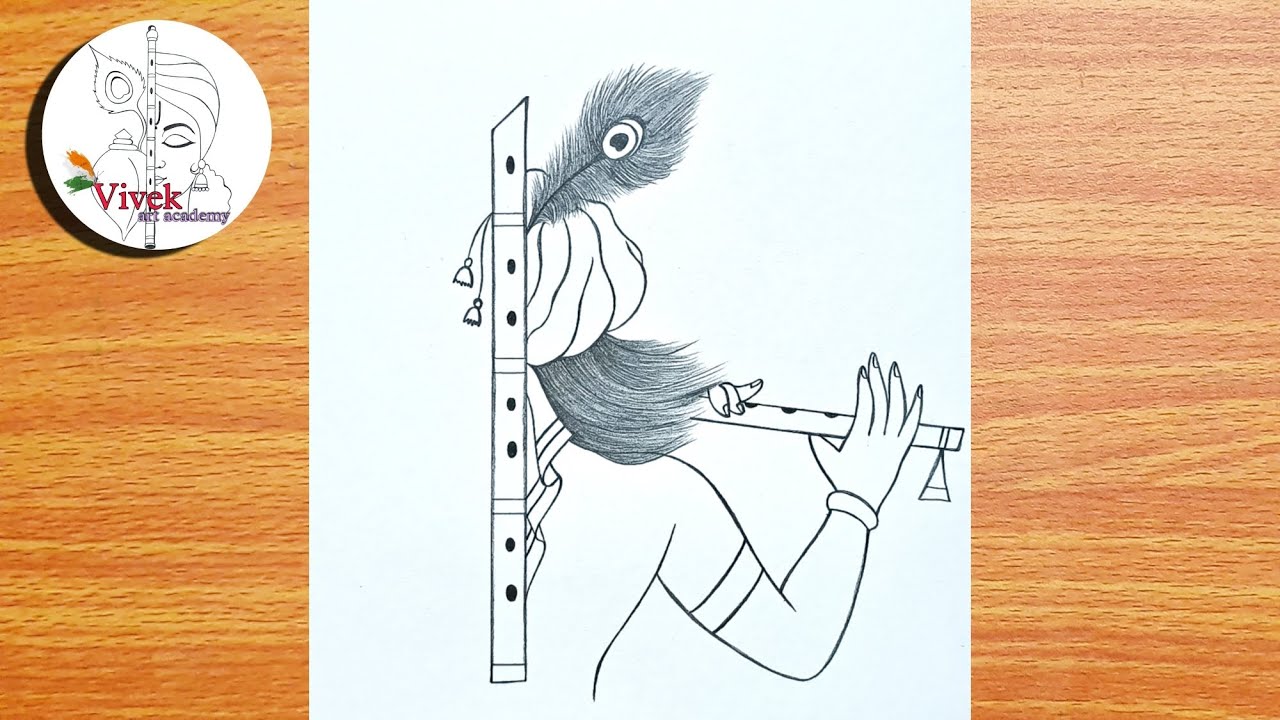 Lord Shree Krishna backside drawing, Krishna playing flute drawing easy