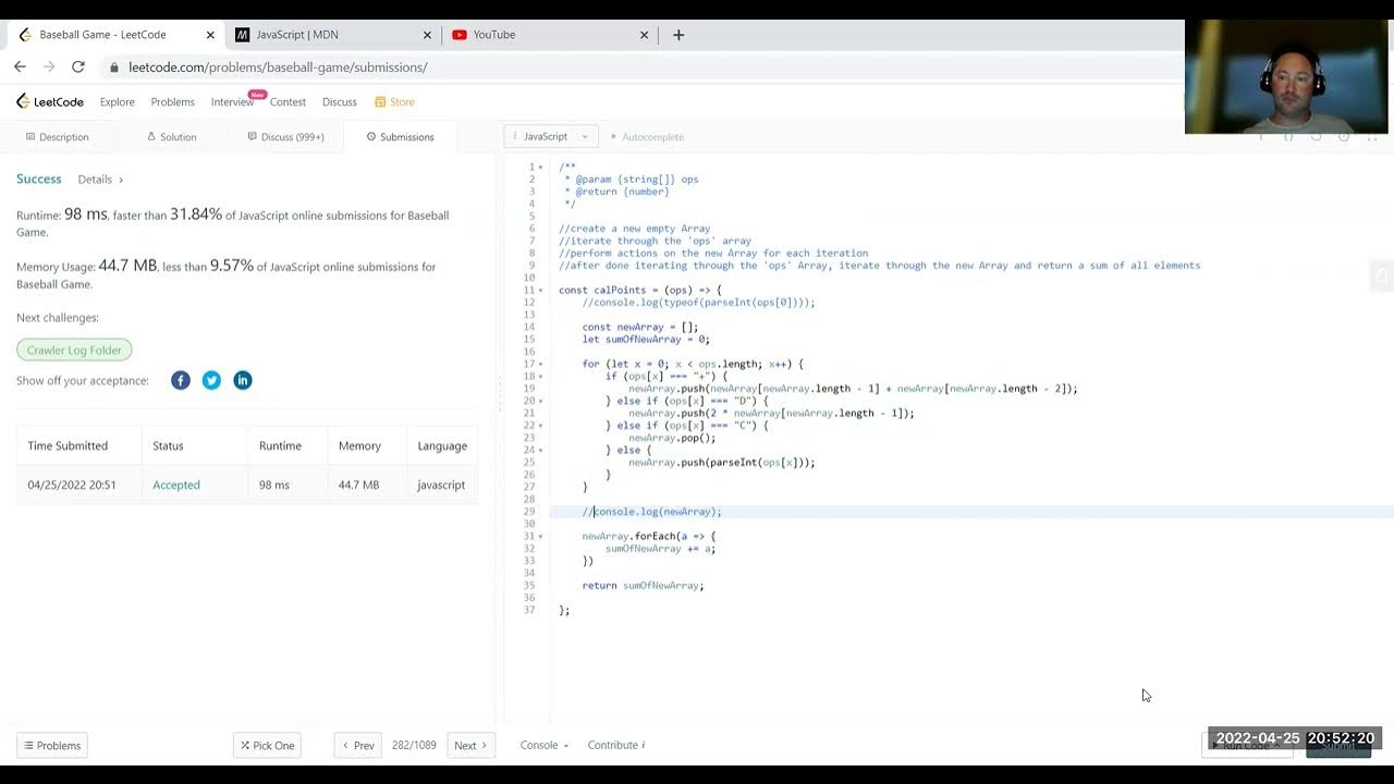 682 Baseball Game Javascript Time On Space On Leetcode Youtube 3603