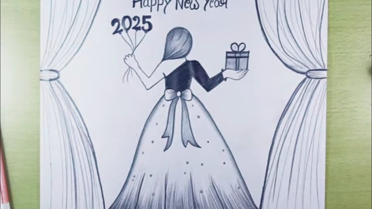 how to draw happy new year esay girl drawing step by step for beginners ...