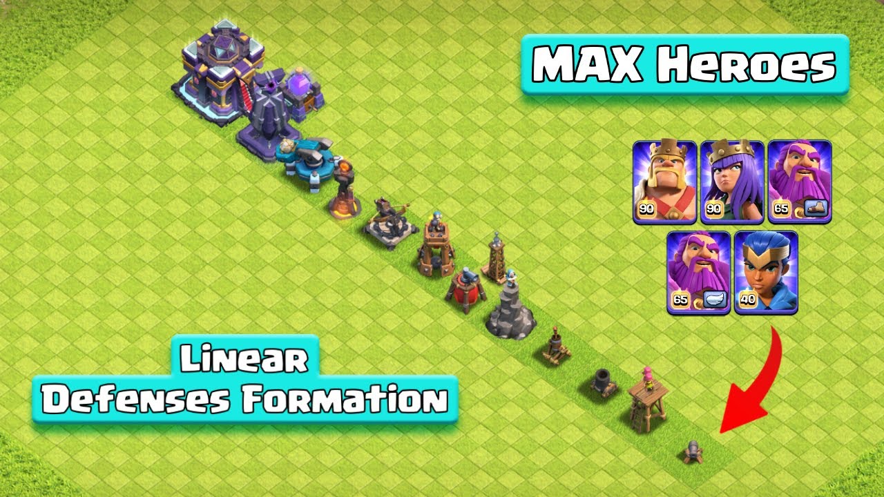 Linear Defenses Formation vs Max Level Heroes | Clash of Clans - YouTube