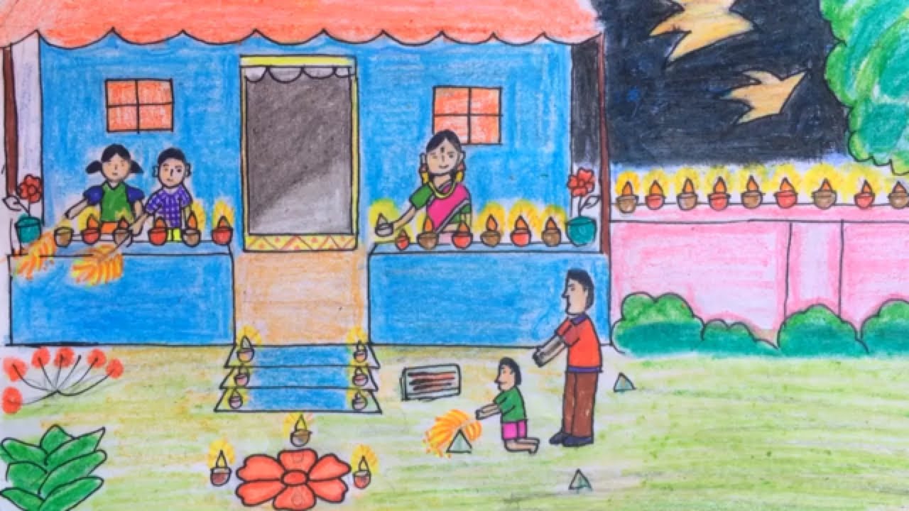 Deepavali festival drawing easy for kids - YouTube