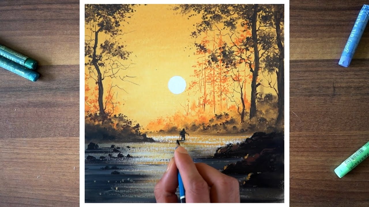 Draw a beautiful sunset landscape using oil pastels - easy drawing ...