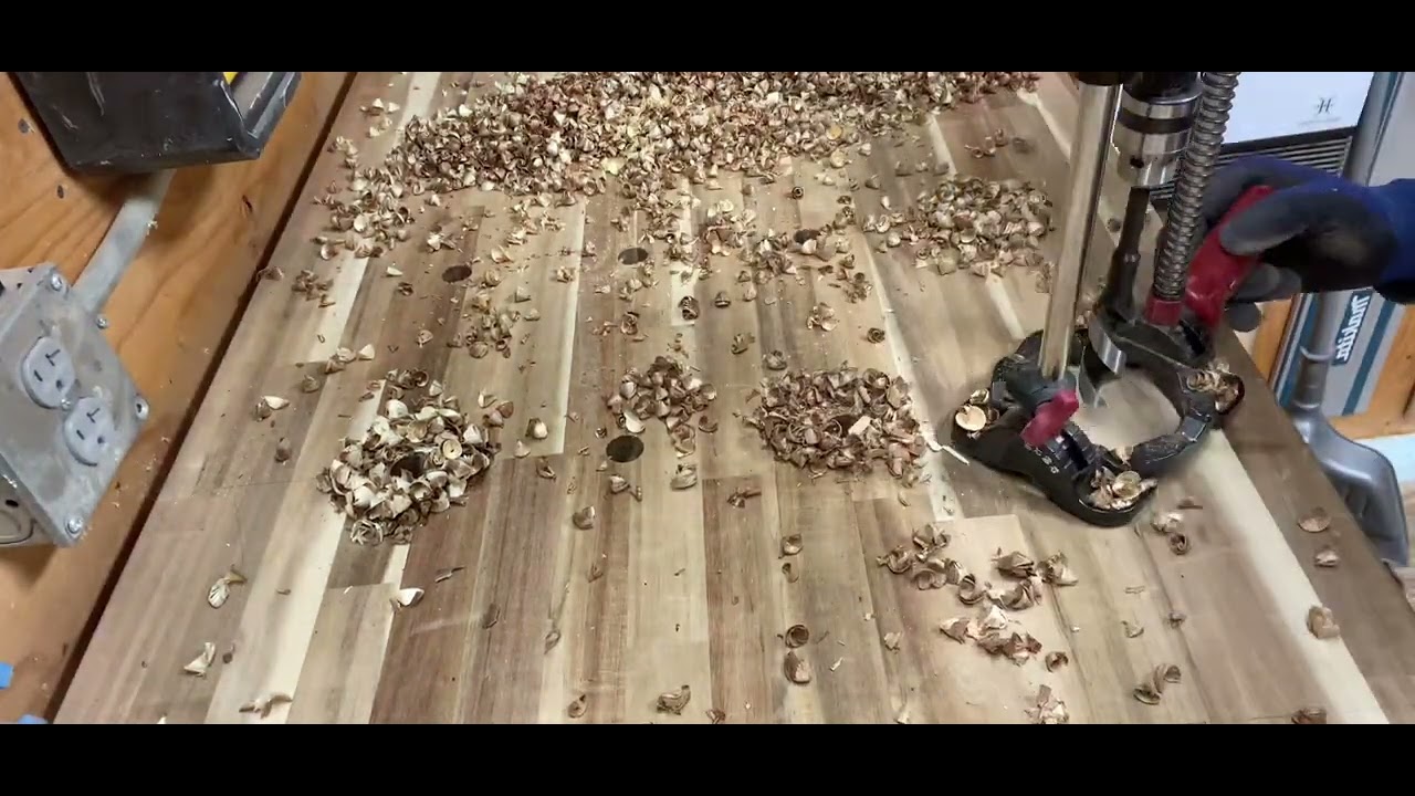 How to drill, dog holes into workbench - YouTube