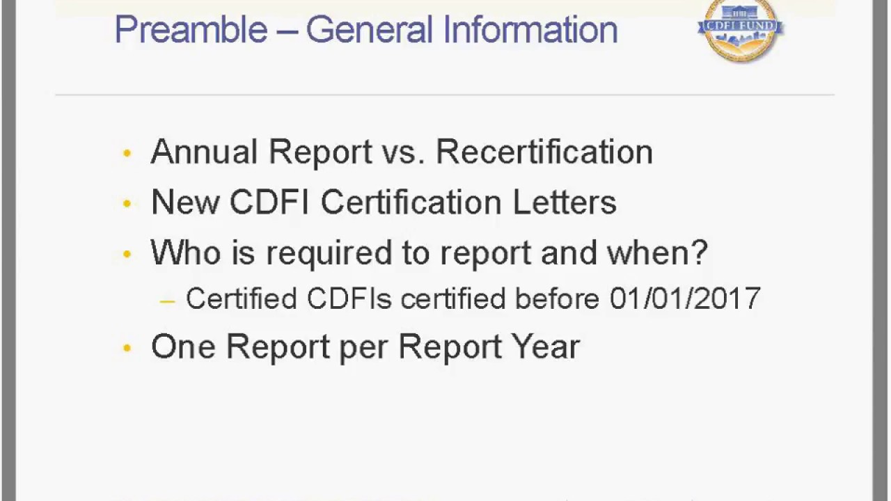 CDFI Certification Annual Report Training Webinar - YouTube