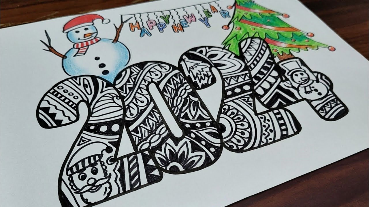 new year 2024 drawing / Happy Happy new year poster / mandala art - YouTube