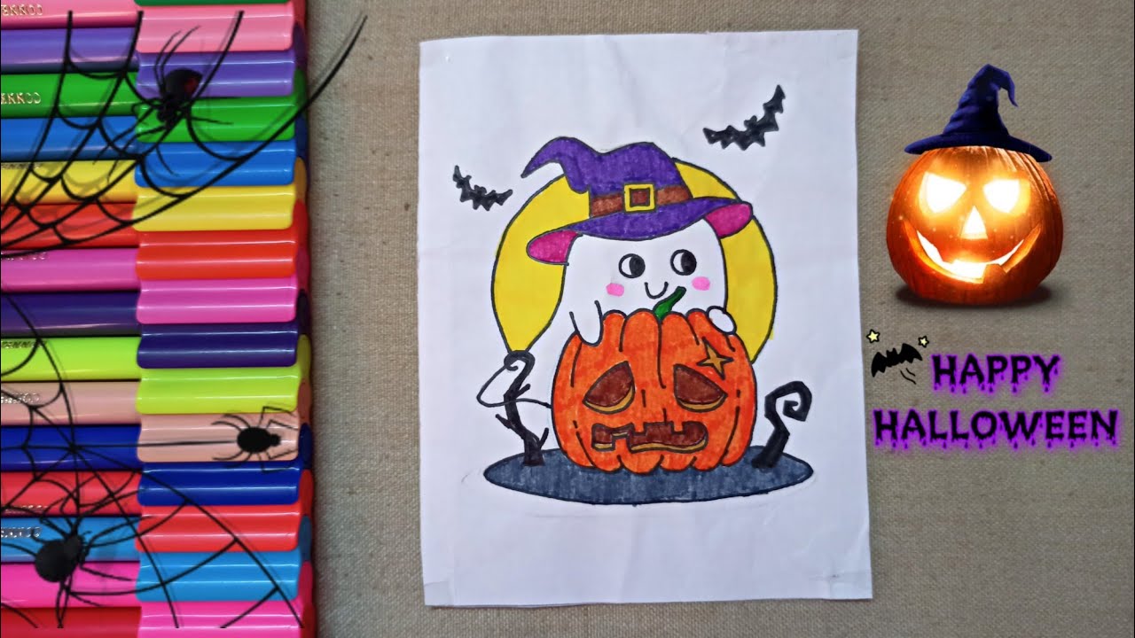 How To Draw Halloween Drawing ★ cute ghost 👻 and pumpkin 🎃 drawing # ...