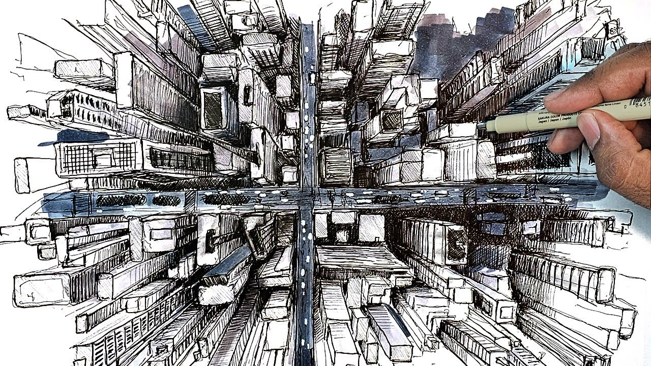 Drawing a Metropolis in One Point Perspective - YouTube