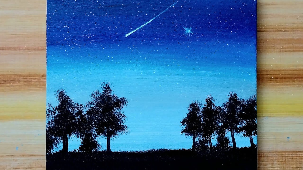 Contoh Mudah Melukis Pemandangan Malam Hari // Acrylic Painting - YouTube